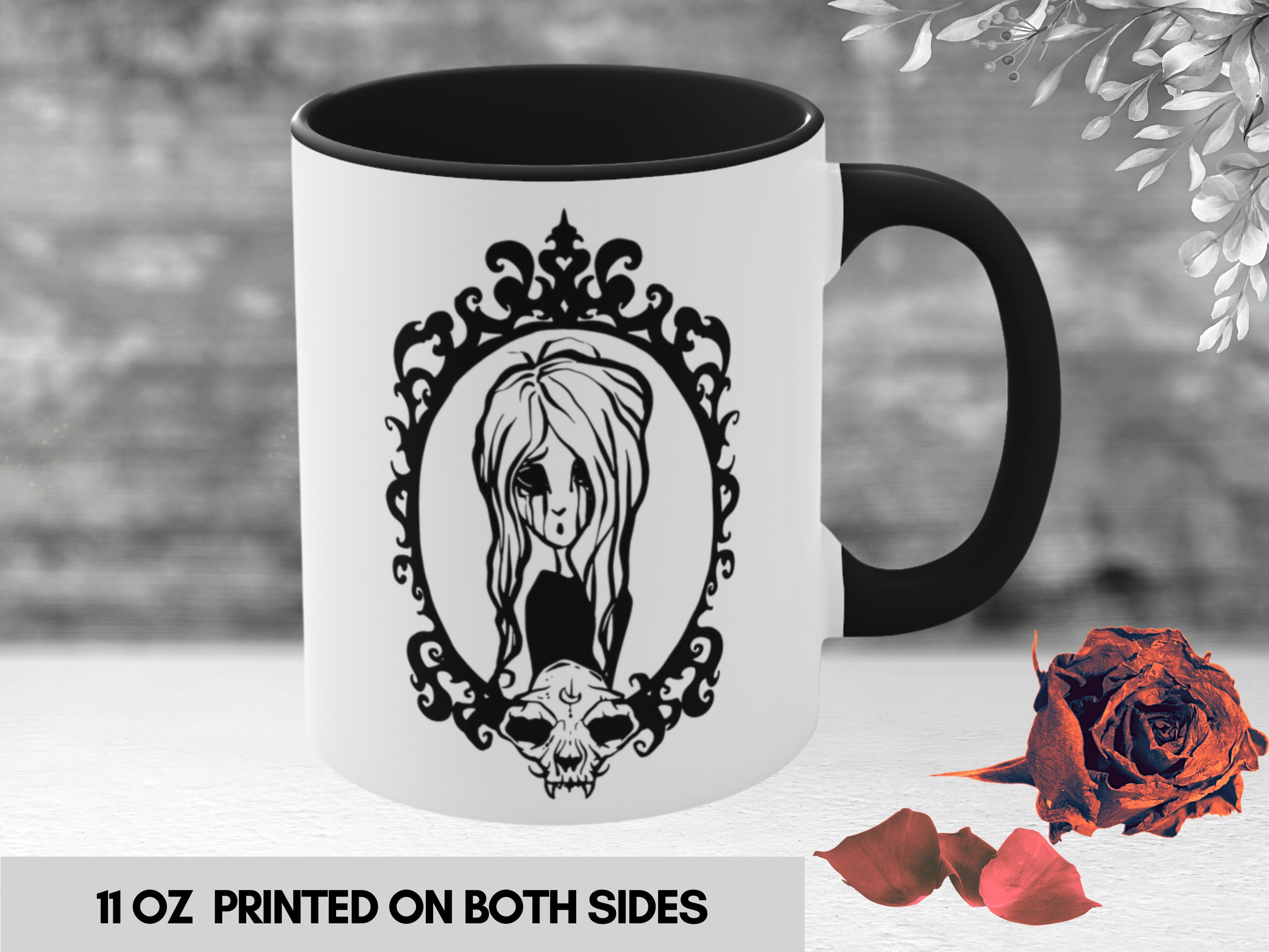 Creepy Goth Girl With Skull Portrait Graphic Coffee Mug, Black and ...