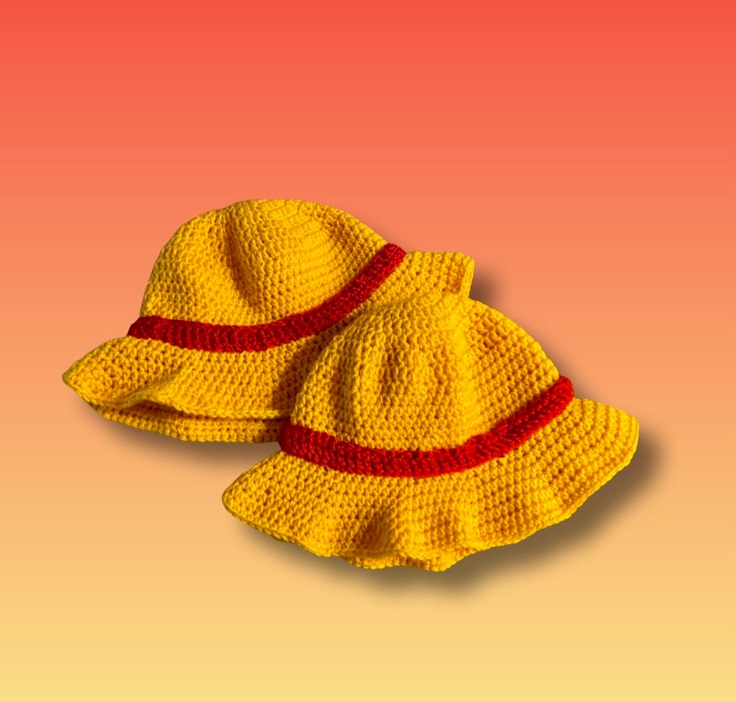 One Piece Inspired Luffy Crochet Bucket Hat, Straw a Hat- Red Ribbon ...