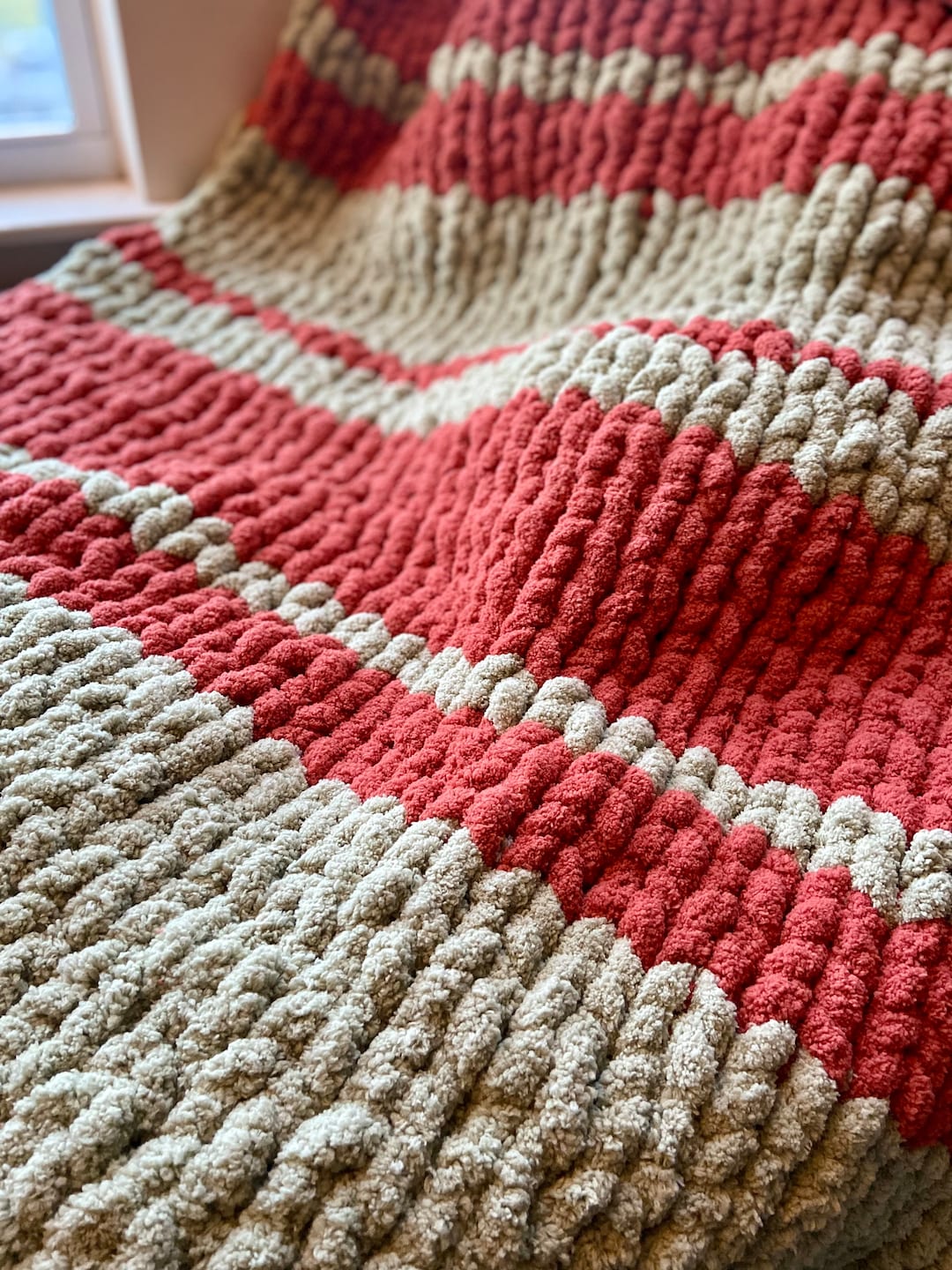 Handmade Chunky Knit Blanket: Sage Green & Burnt Orange Striped Throw ...