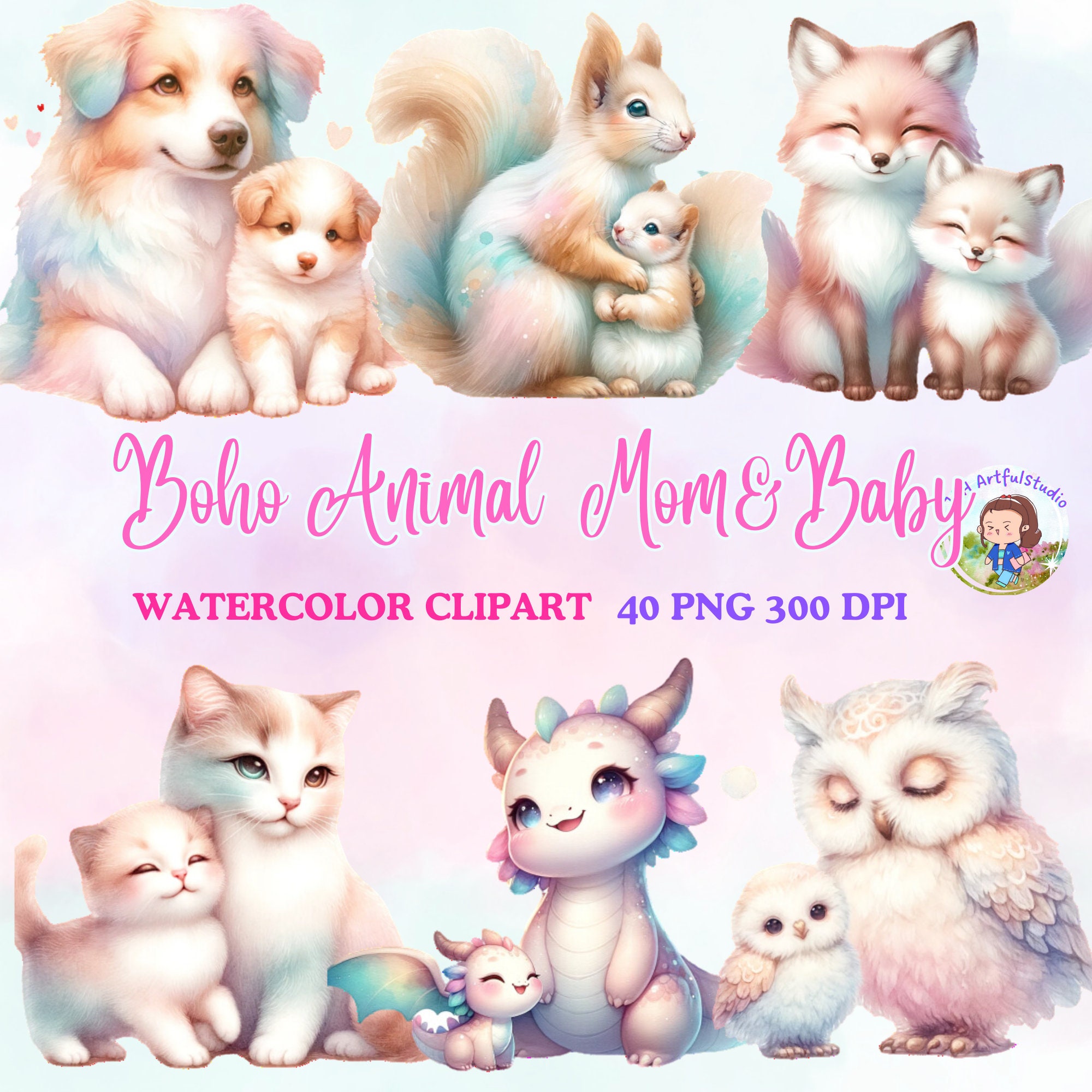Boho Animal Mom and Baby Clipart, Nursery Room, Boho Baby Decoration ...