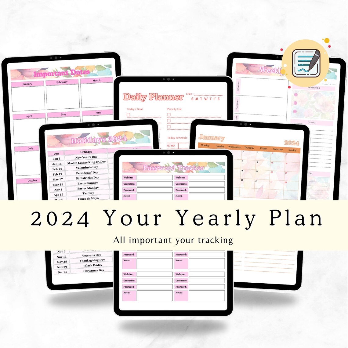 Year at a Glancedigital Calendar Templatedigital Planner 2024planner ...