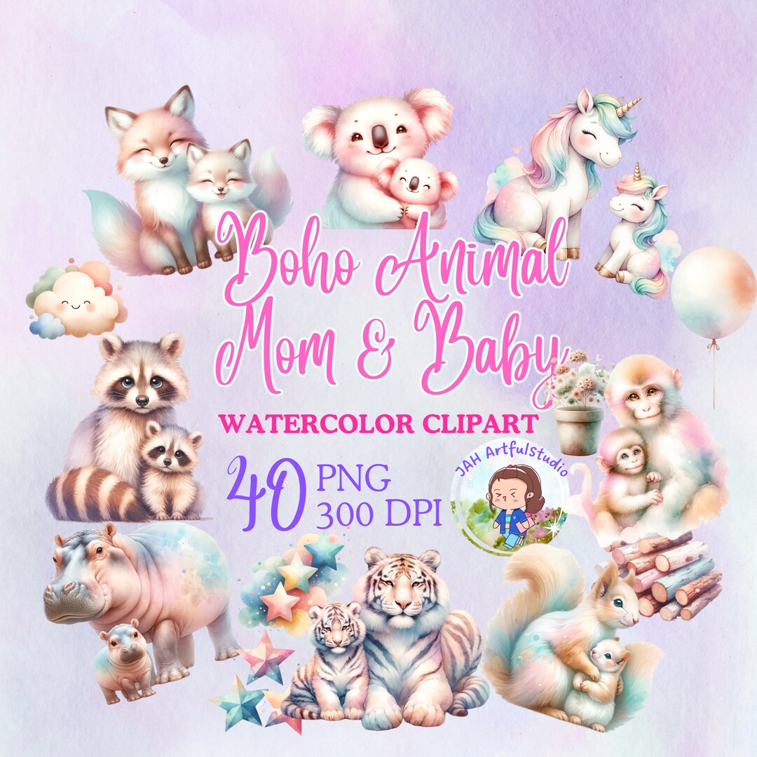 Boho Animal Mom and Baby Clipart, PNG, Nursery Room, Boho Baby ...