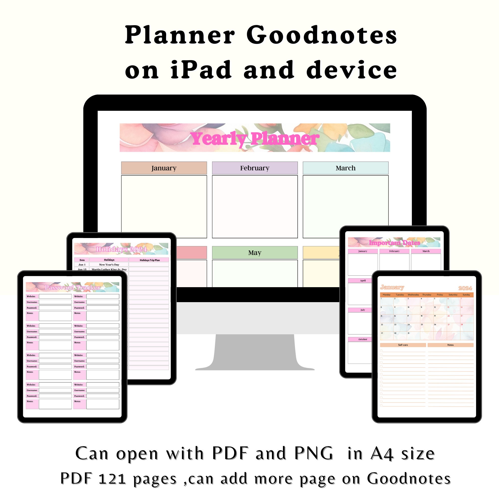 Year at a Glancedigital Calendar Templatedigital Planner 2024planner ...