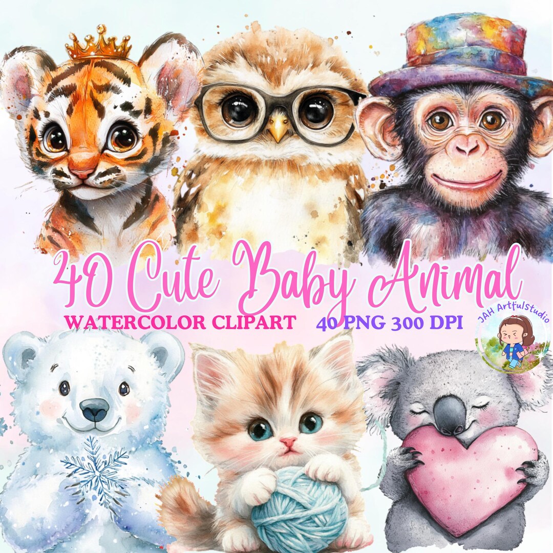 40 Cute Baby Animals Watercolor Clipart, PNG Animal, Cute Image ...
