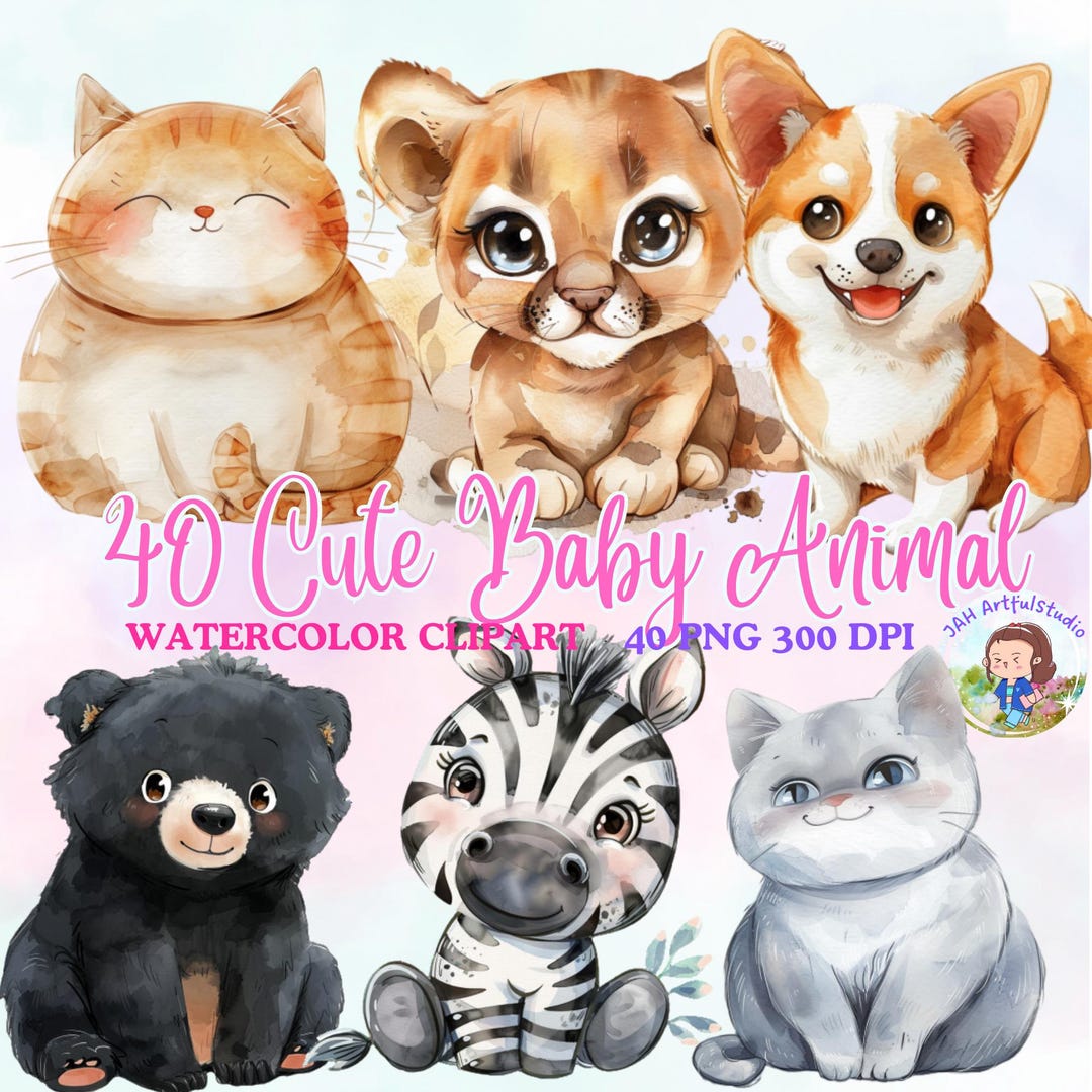 40 Cute Baby Animals Watercolor Clipart, PNG Animal, Cute Image ...