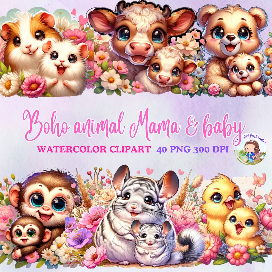 Boho Animal Mom and Baby Clipart, Nursery Room, Boho Baby Decoration ...