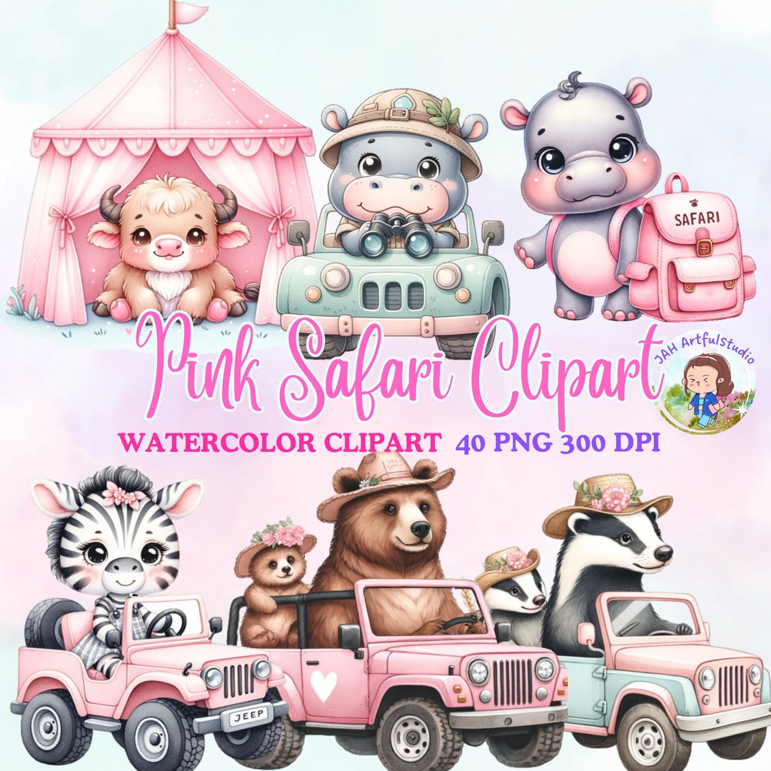 Pink Safari Clipart, Nusery Art, Animal PNG, Cute Jungle Animals ...