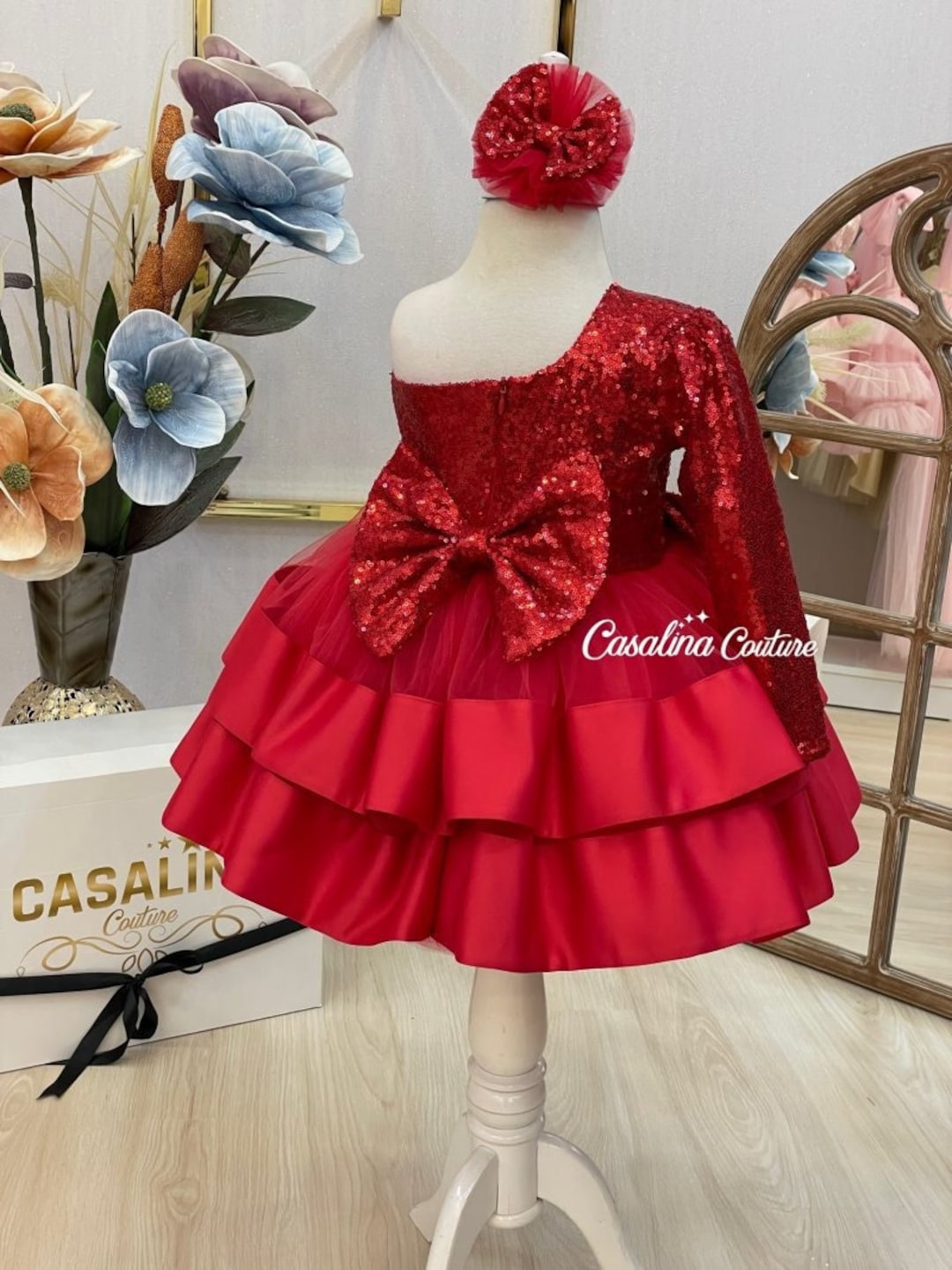 Perla Dress. Christmas Red Baby Girl Dress. Red One Sleeve Style. Red ...
