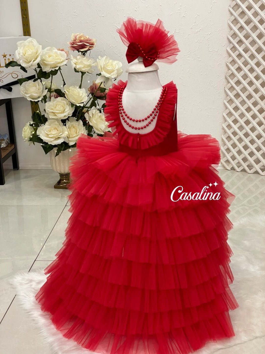 Viviana Dress, Red Long Tail Baby Girl Dress, Red Princess Baby Dress ...