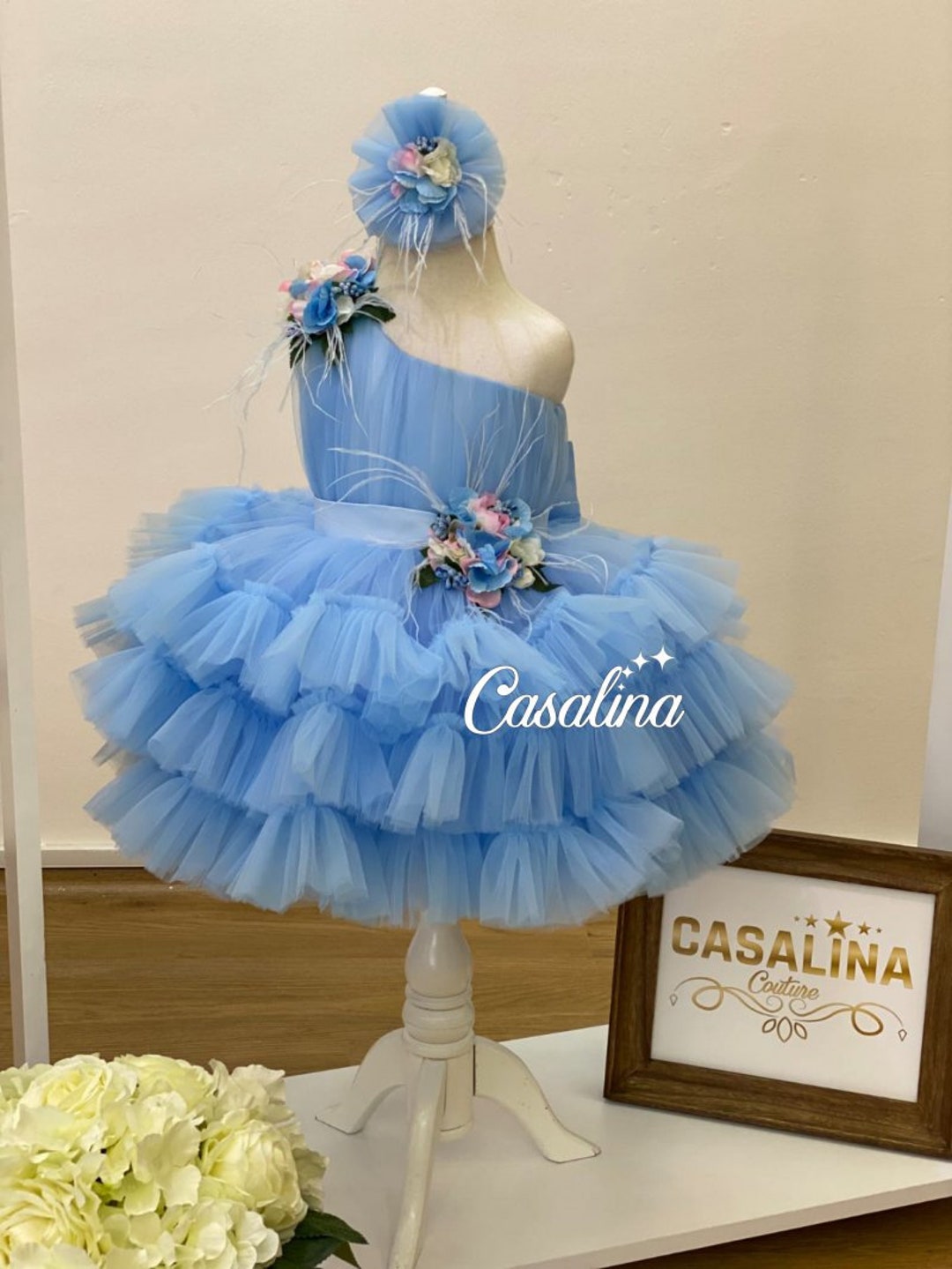 Emma Dress, Blue One Sleeve 3d Floral Detail Layered Tutu Baby Girl ...