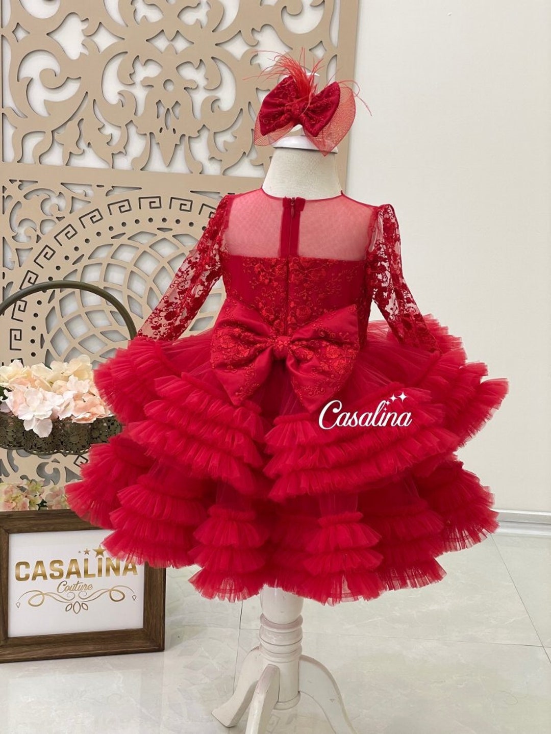 Jessica Dress. Red Baby Girl Dress. Big Bow Long Sleeve Flower Girl ...