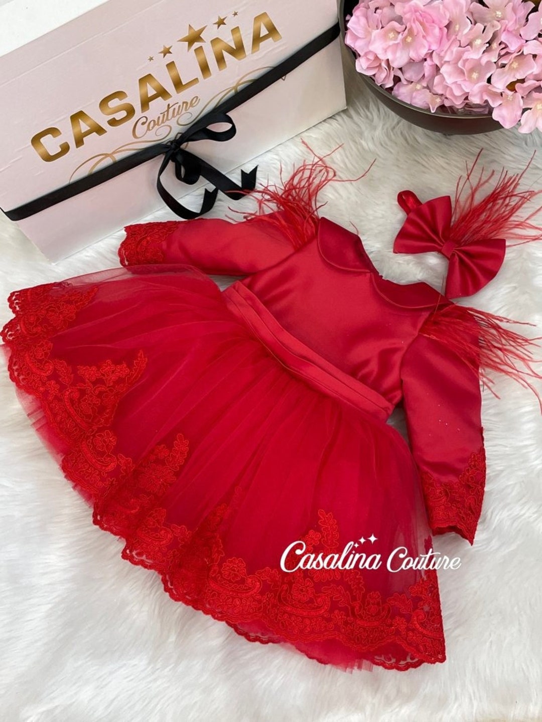 Red Lace Bow Baby Dress: Feather Detail Tulle Skirt, Hair Band - Etsy