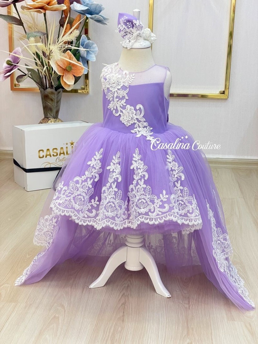 Lavender Flower Girl Dress: Lace Tulle Princess Dress With Headband - Etsy