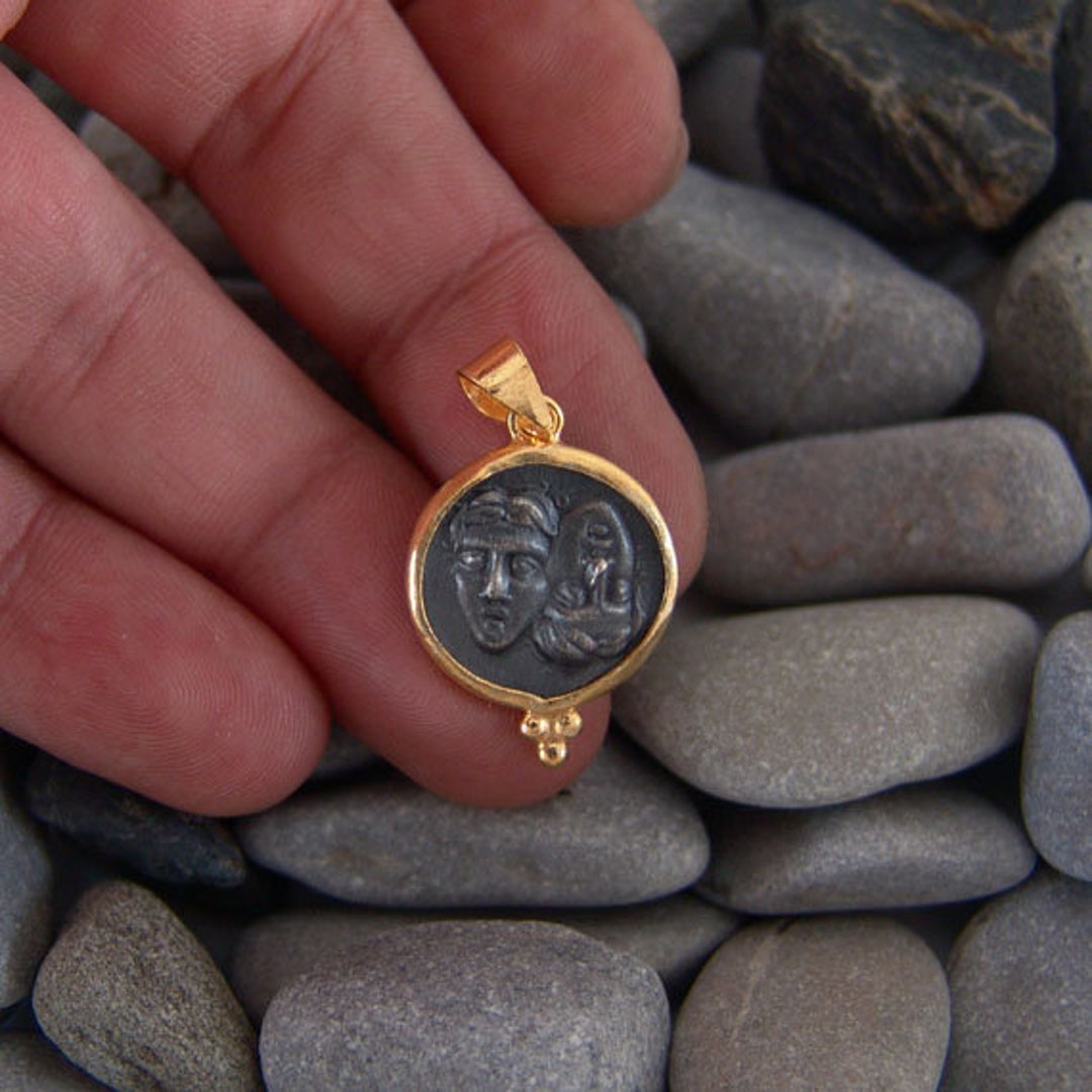 Double Face Greek Blacked Greek Coin Pendant 925 K Sterling Silver ...