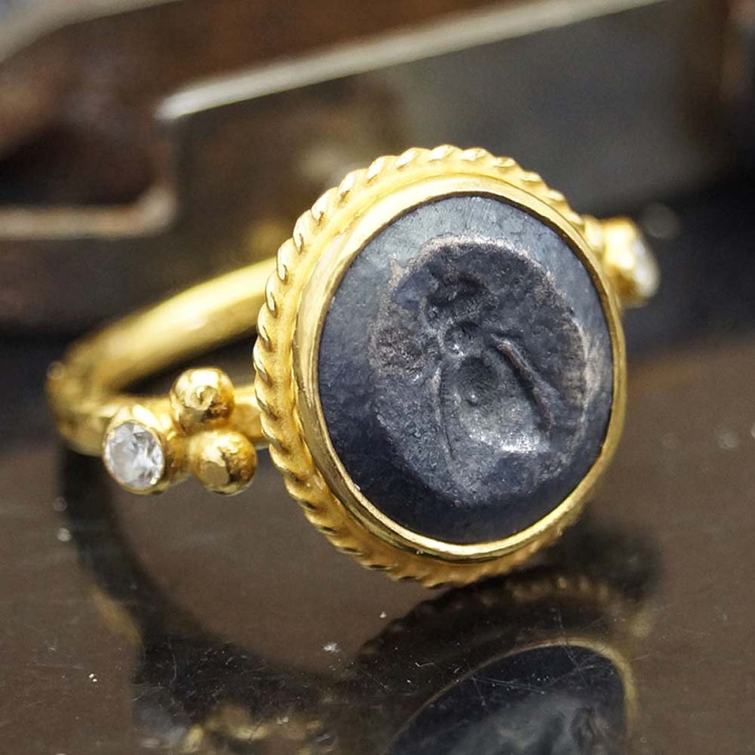 ALL SIZES Gold Bee Ring Ancient Roman Art Rustic Blackened Coin Turkish ...