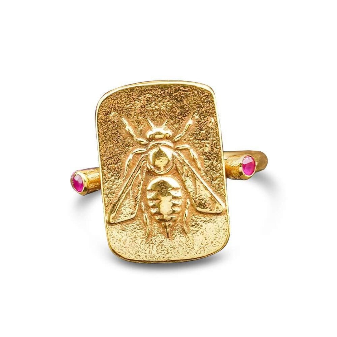 Bee Coin Ladies Gold Ring Roman Art Hammered Sterling Silver 24 K ...