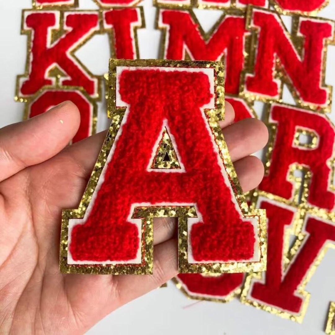 3.1 Inch Red Letters Chenille Iron on Patch,gold Glitter Letter Patch ...