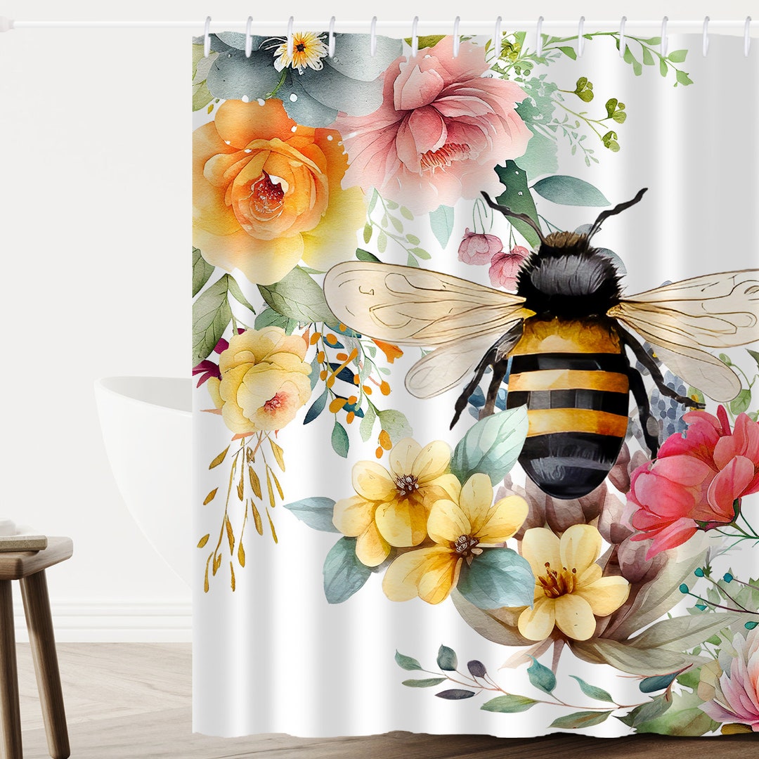 Bee Shower Curtain, Colorful Flowers Bee Waterproof Curtain, Spring ...