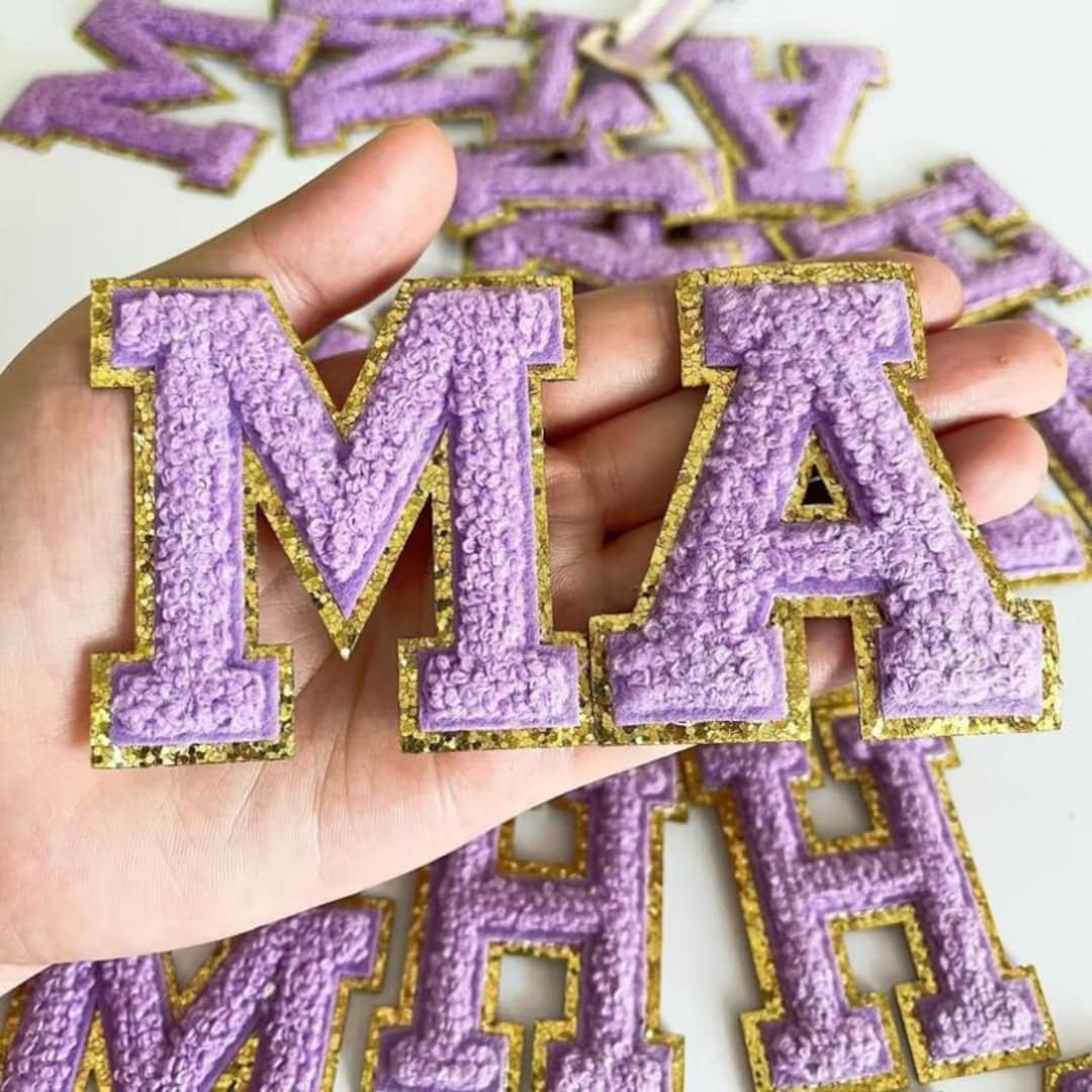 3.2 Inch Gold Glitter Chenille Patch,purple Letters Embroidered Iron on ...