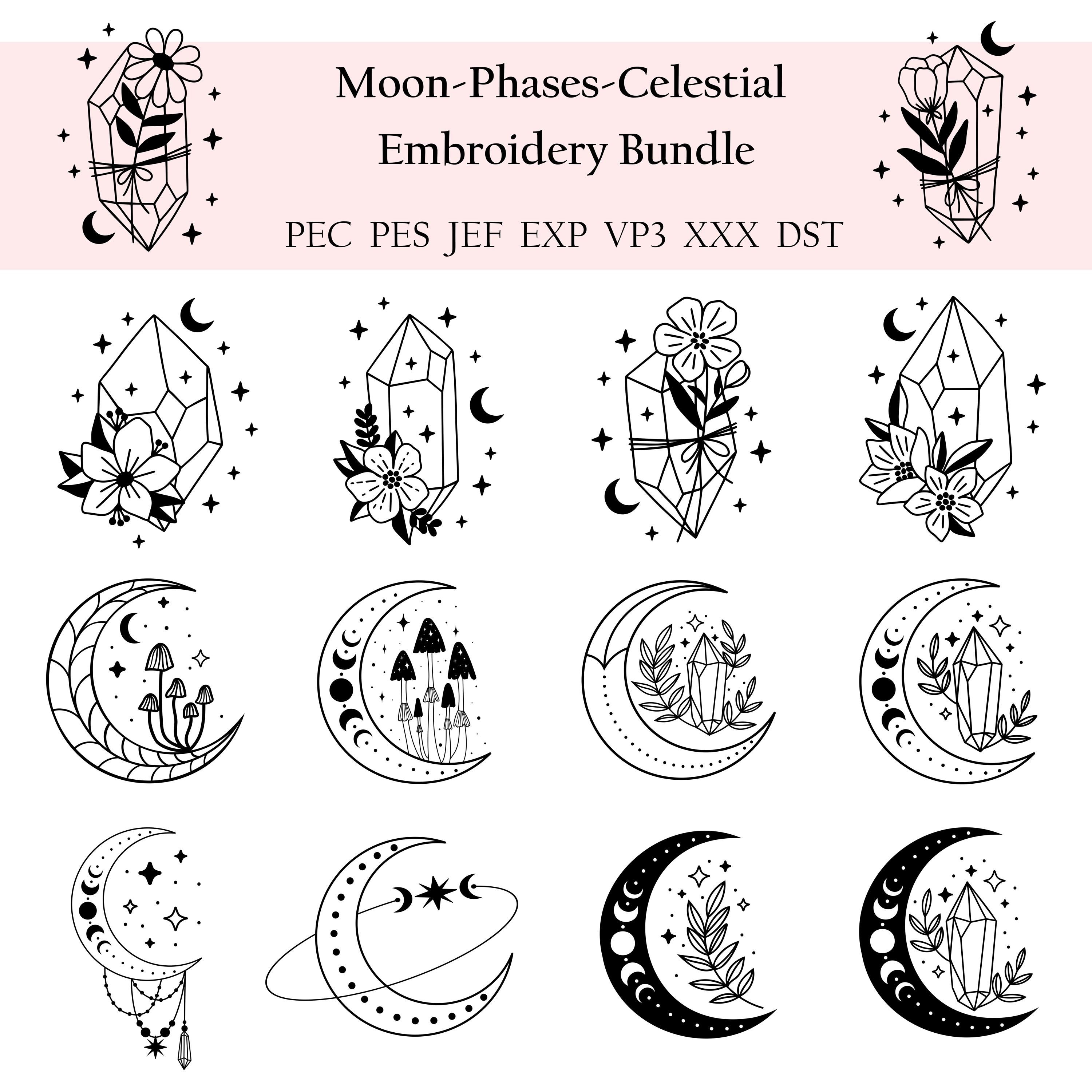 Moon Phases Celestial Embroidery Bundle, Floral Crystals, Witchy and ...