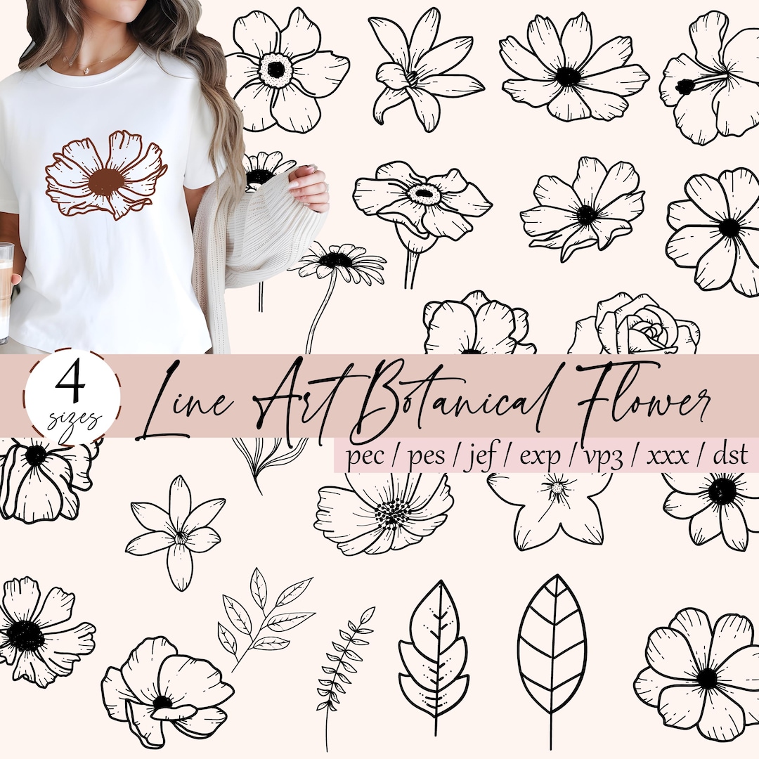 Line Art Botanical Flower Machine Embroidery Design, 4 Sizes, Flower ...