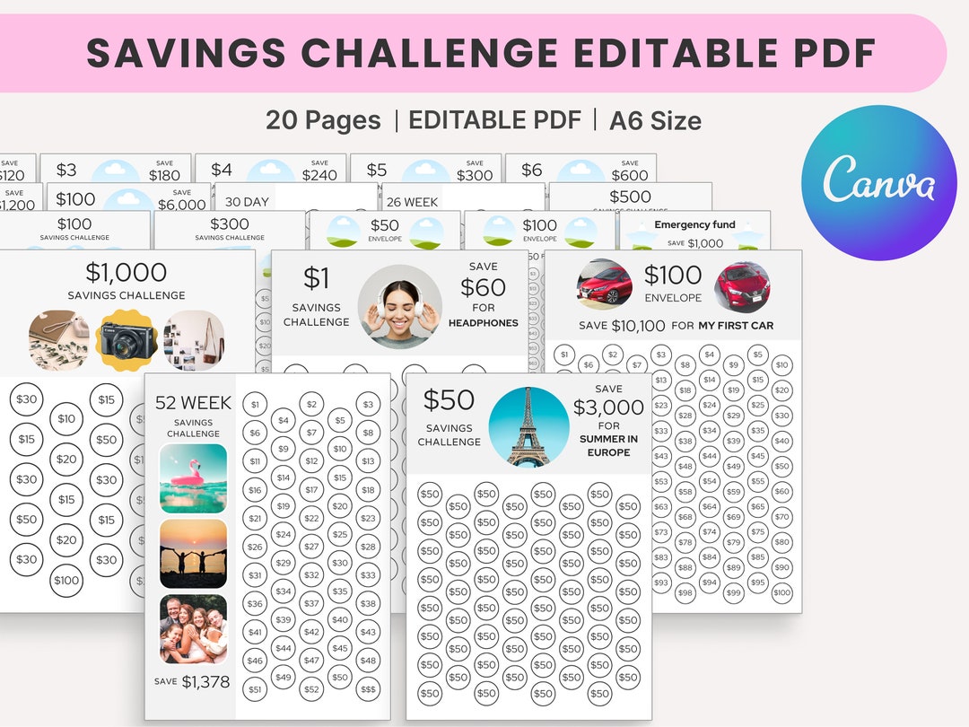 Savings Challenge Printable, Savings Tracker Bundle, Editable Template ...
