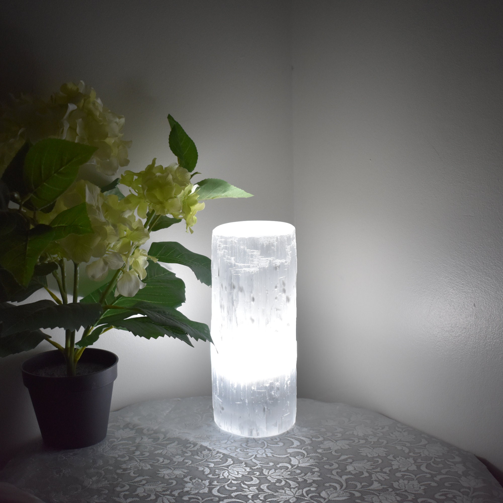 White Selenite Cylinder Tower Lamp Natural Crystal Tower Lamp - Etsy
