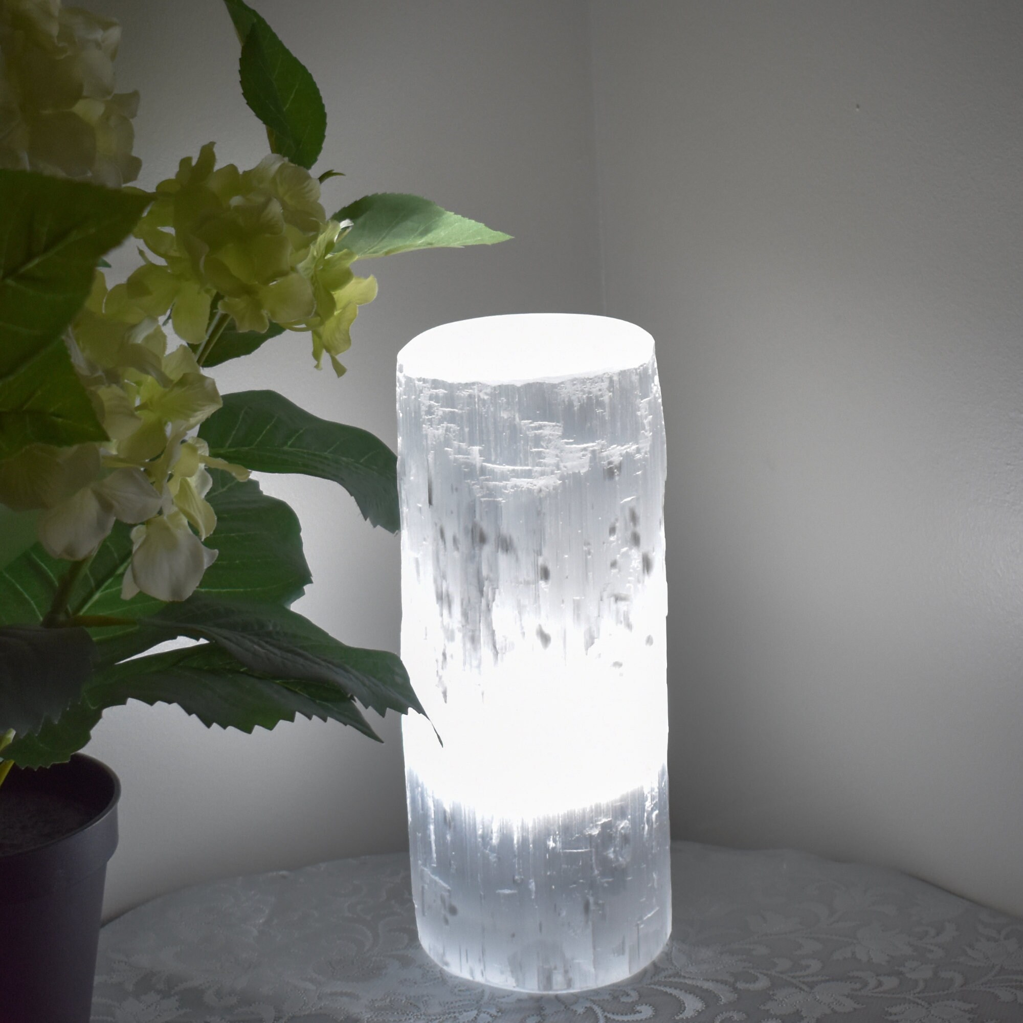 White Selenite Cylinder Tower Lamp Natural Crystal Tower Lamp - Etsy