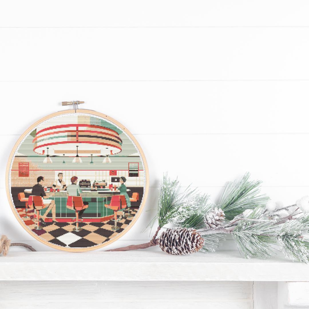 1950s Retro Diner Cross-stitch Design - Vintage Cafe Embroidery Pattern ...