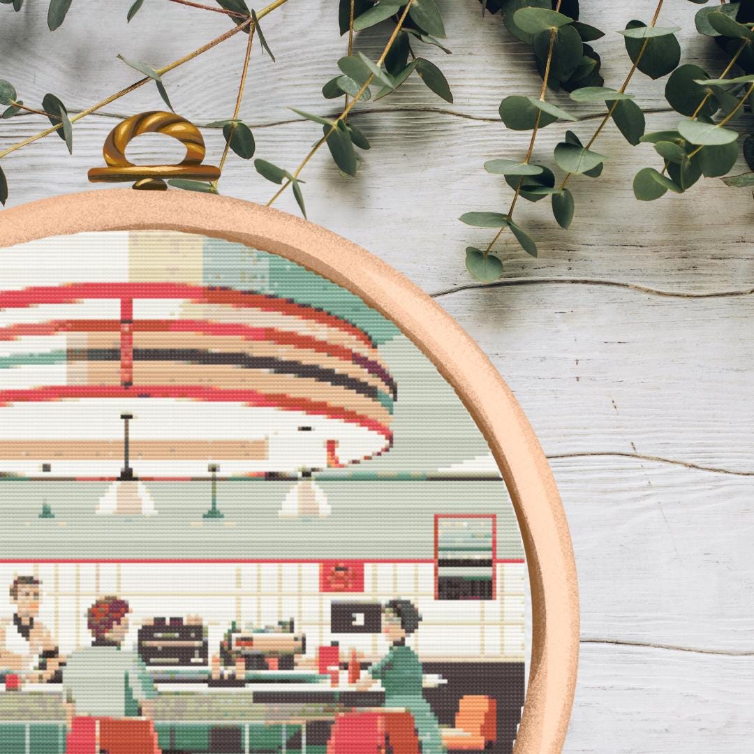 1950s Retro Diner Cross-stitch Design - Vintage Cafe Embroidery Pattern ...