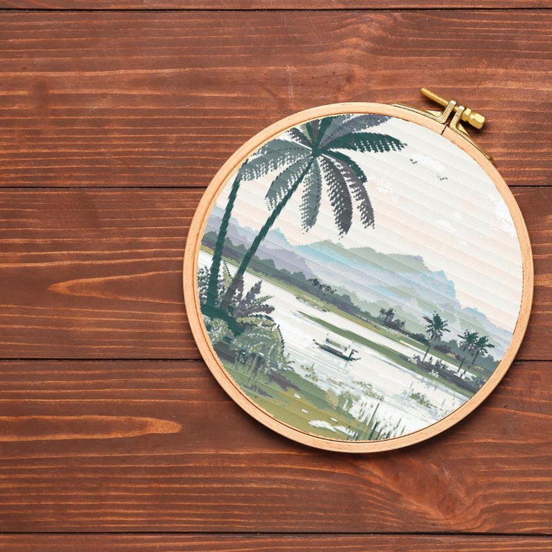 River in Vietnam Cross-stitch Pattern | Majestic Landscape Embroidery ...