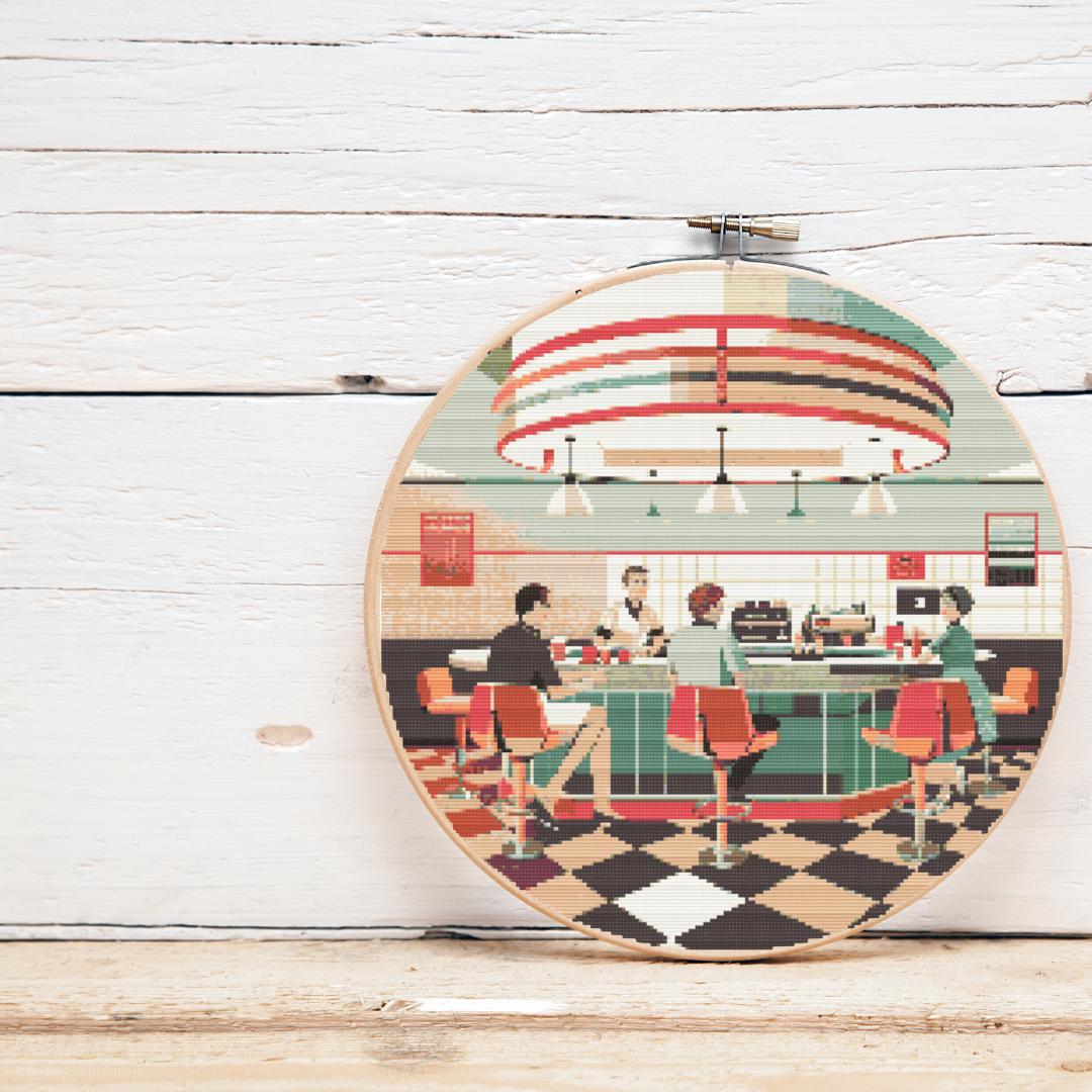 1950s Retro Diner Cross-stitch Design - Vintage Cafe Embroidery Pattern ...