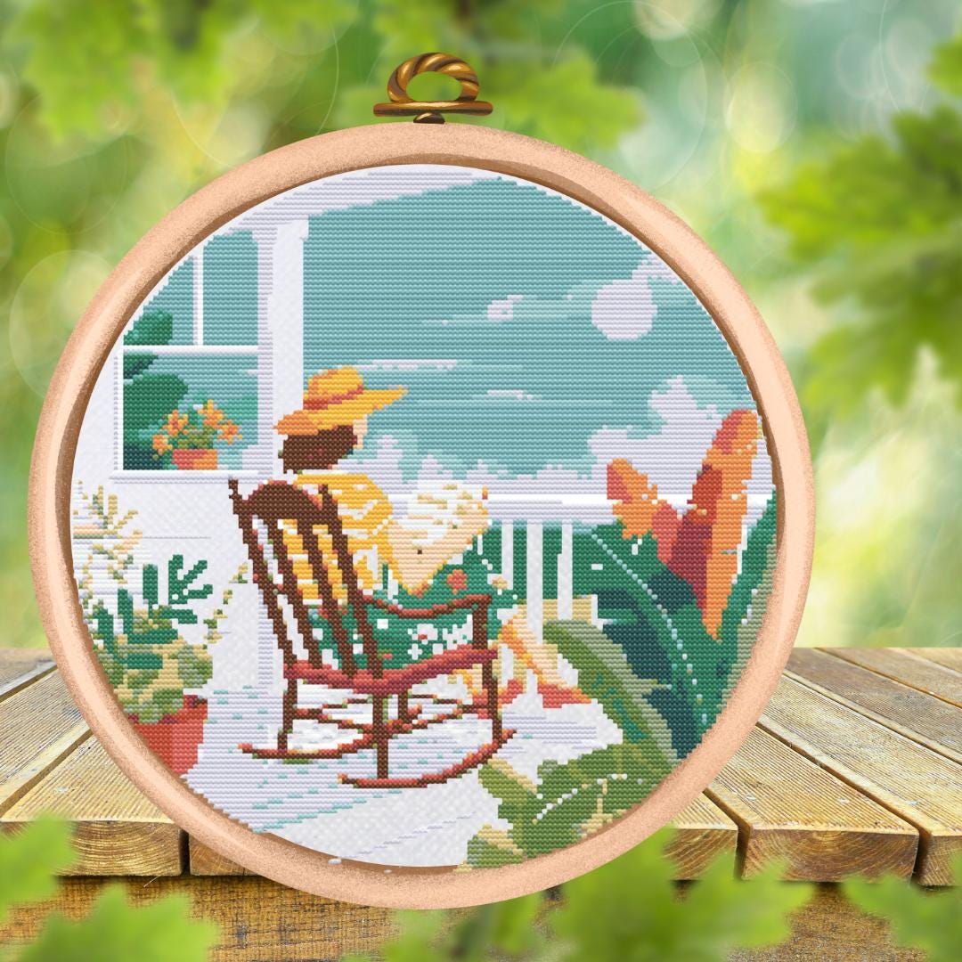 Cozy Beach Porch Cross Stitch Pattern - Woman Reading in Rocking Chair ...