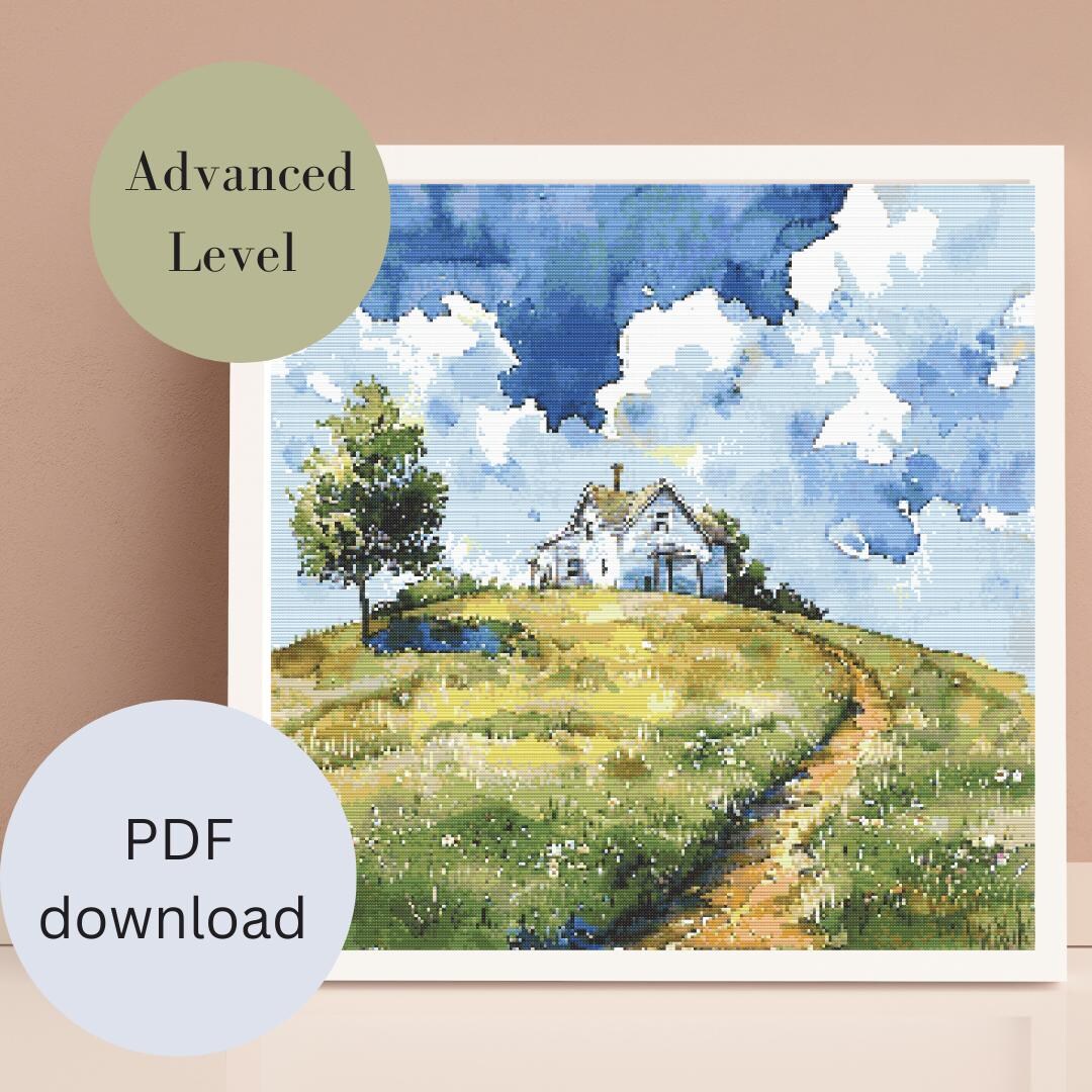 White Farmhouse With Fields Watercolor Cross Stitch Pattern, Pastoral ...