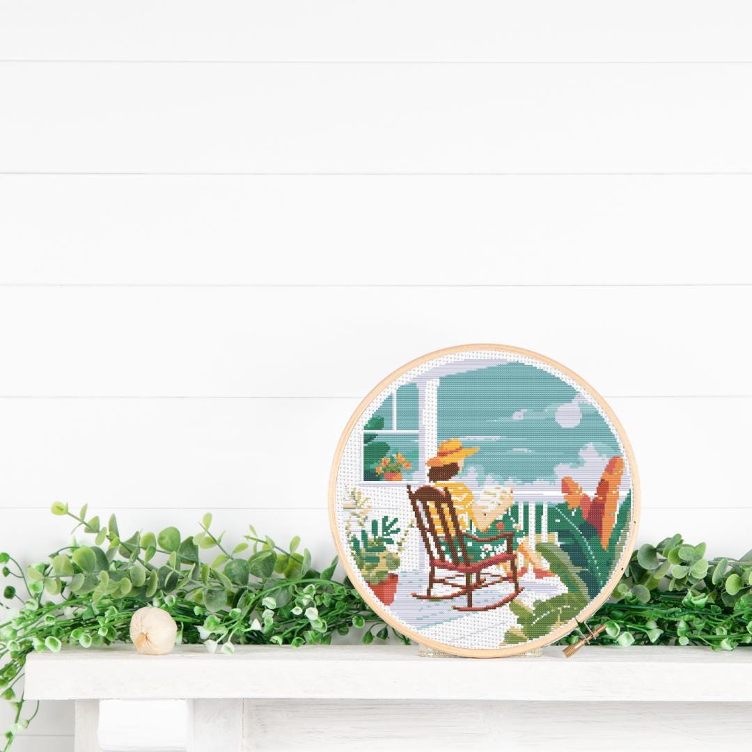 Cozy Beach Porch Cross Stitch Pattern - Woman Reading in Rocking Chair ...