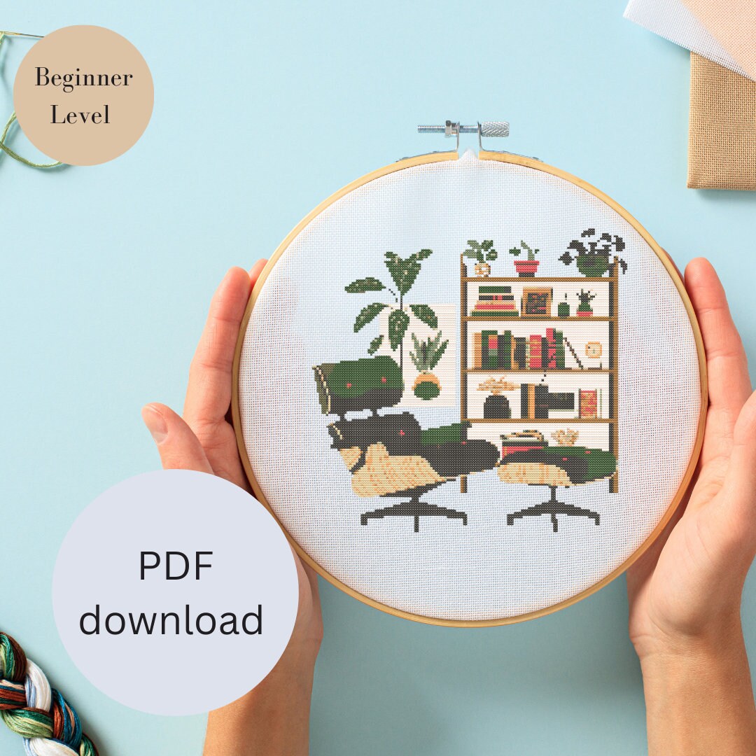 Midcentury Living Room With Library Cross Stitch Pattern, Perfect for ...