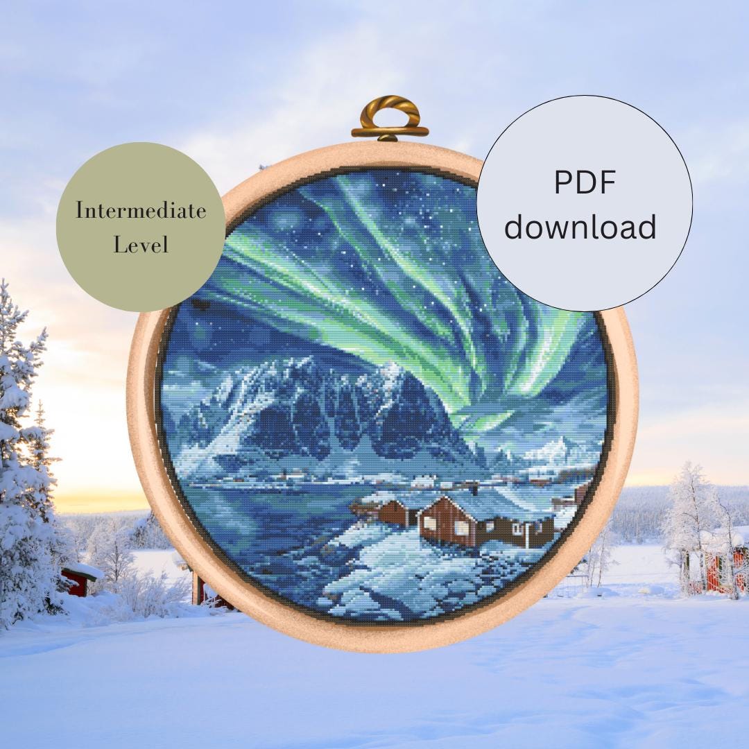 Northern Lights in Norway With Village Cross-stitch Pattern | Aurora ...