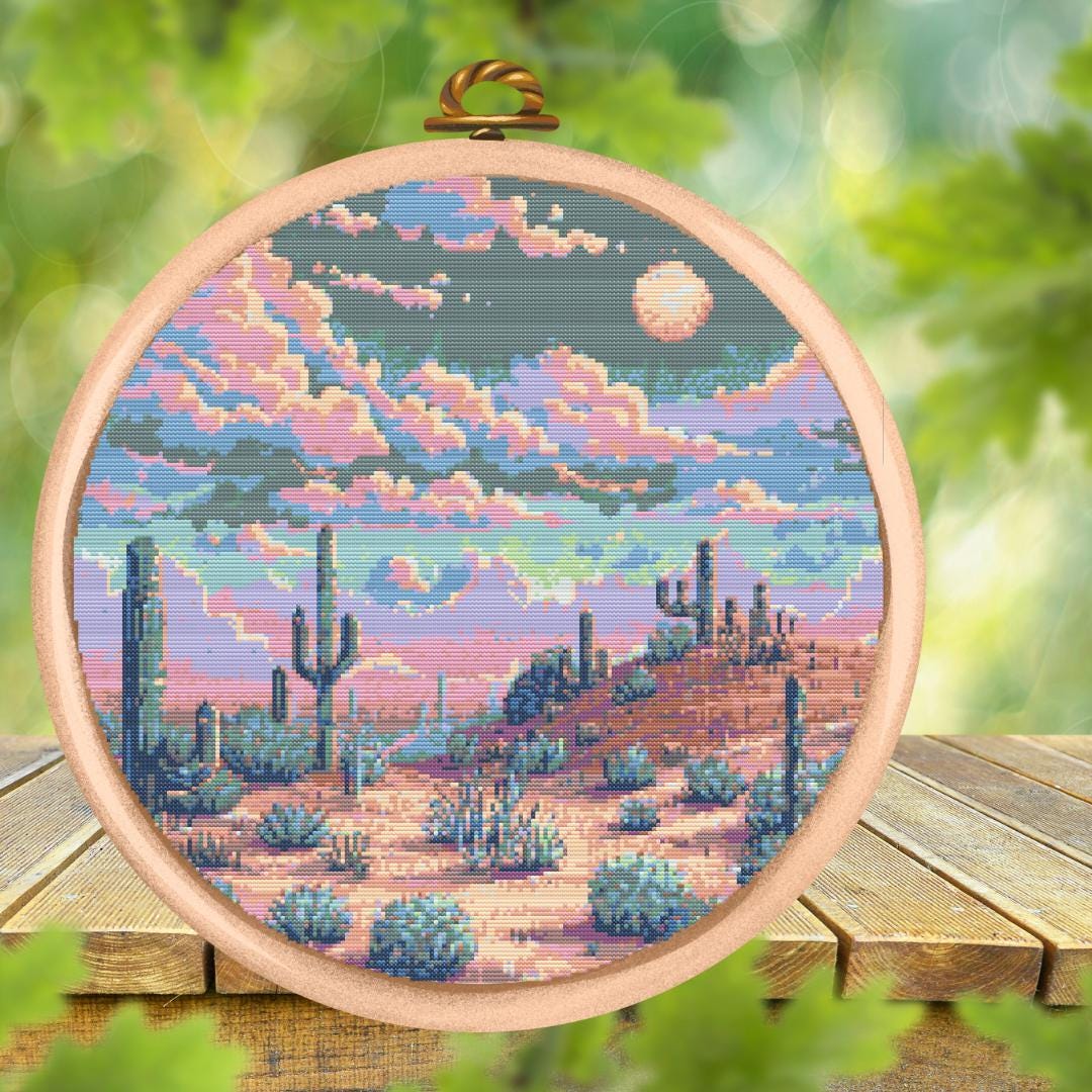 Pink Desert Landscape Cross Stitch Pattern, Southwestern Embroidery ...