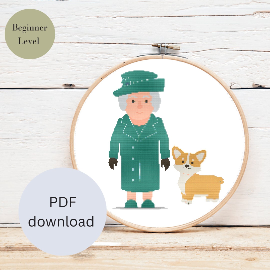 Queen and Corgi Dog Cross Stitch Pattern 150x150, Contemporary Design ...