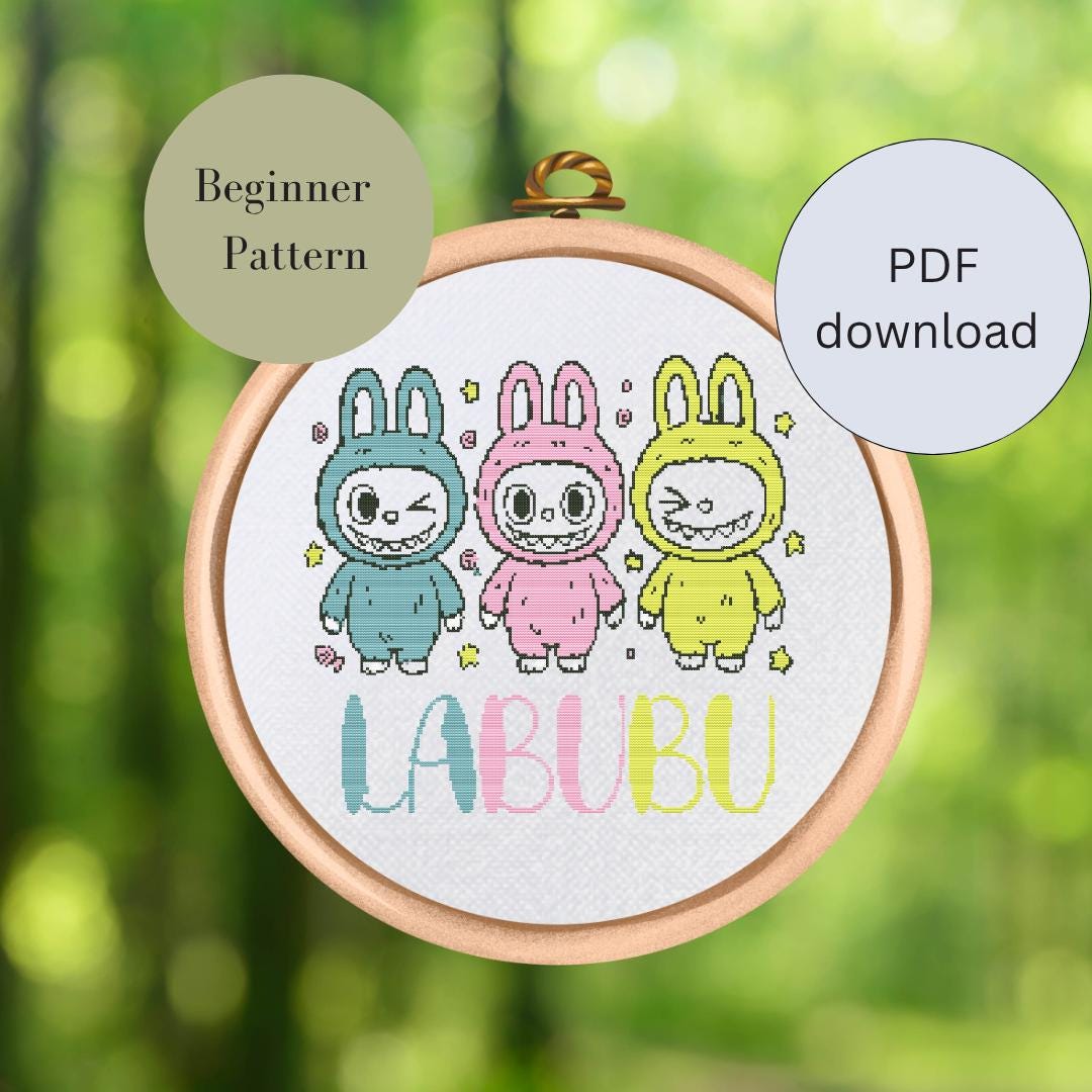 Three Little Labubus Cross Stitch Pattern PDF – Cute Kawaii Monsters in ...
