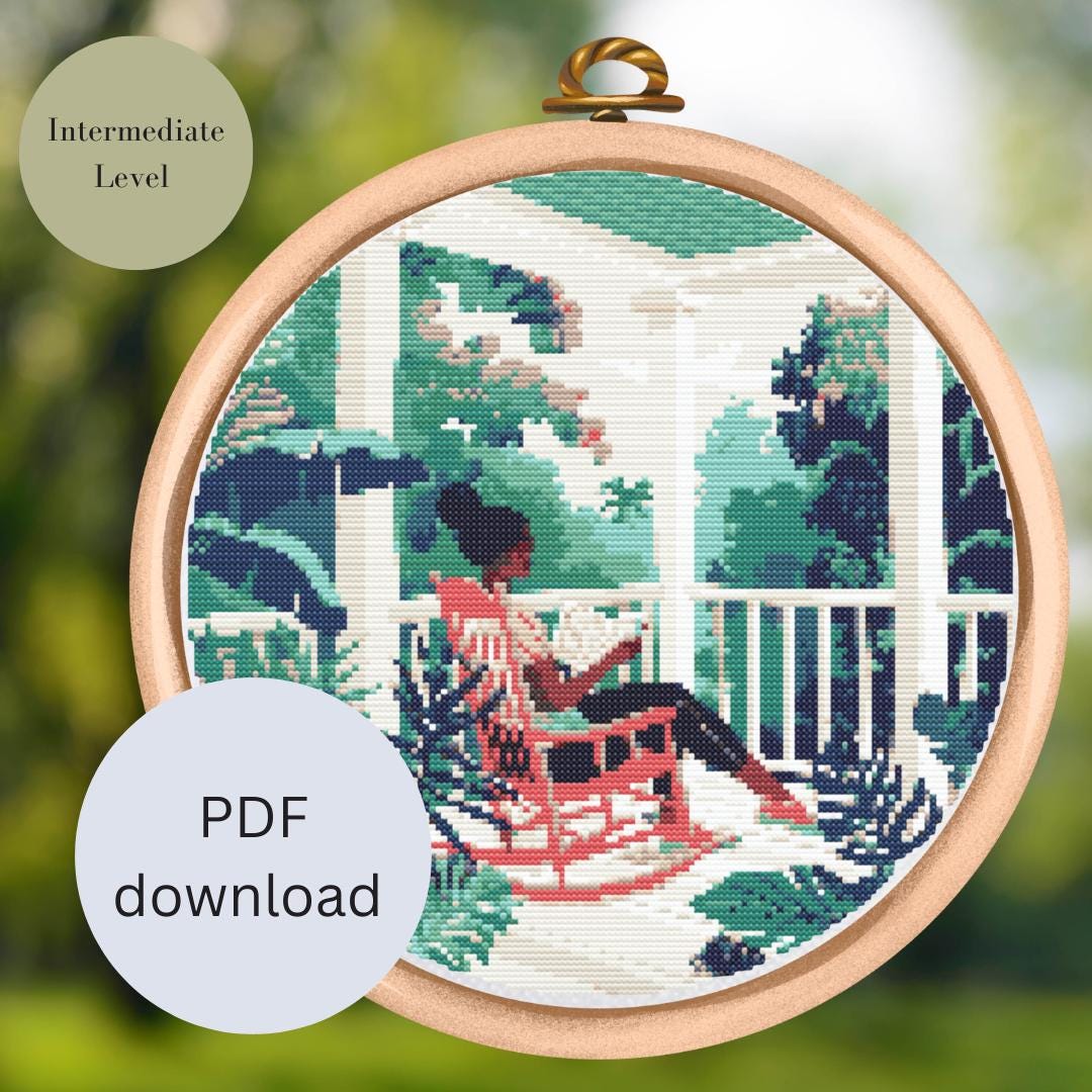 Cozy Jungle Porch Cross Stitch Pattern - Woman Reading in Rocking Chair ...