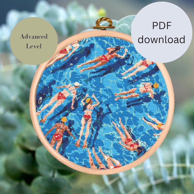 Swimmers in a Pool Cross Stitch Pattern - Simple Beginner Embroidery ...