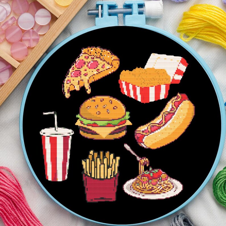 Fast Food Feast Cross Stitch Pattern, Burger Fries Pizza Pasta, Counted ...