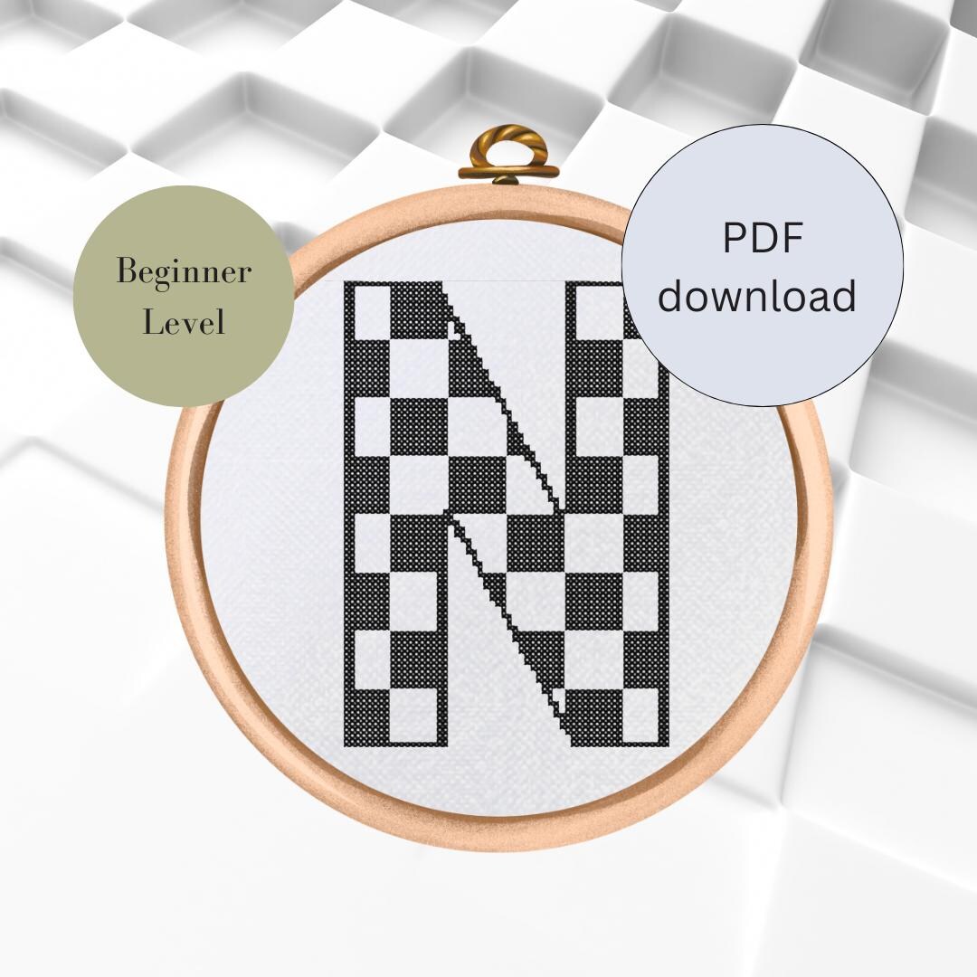 Chessboard Letter N Cross Stitch Pattern, Monogram N Cross Stitch ...