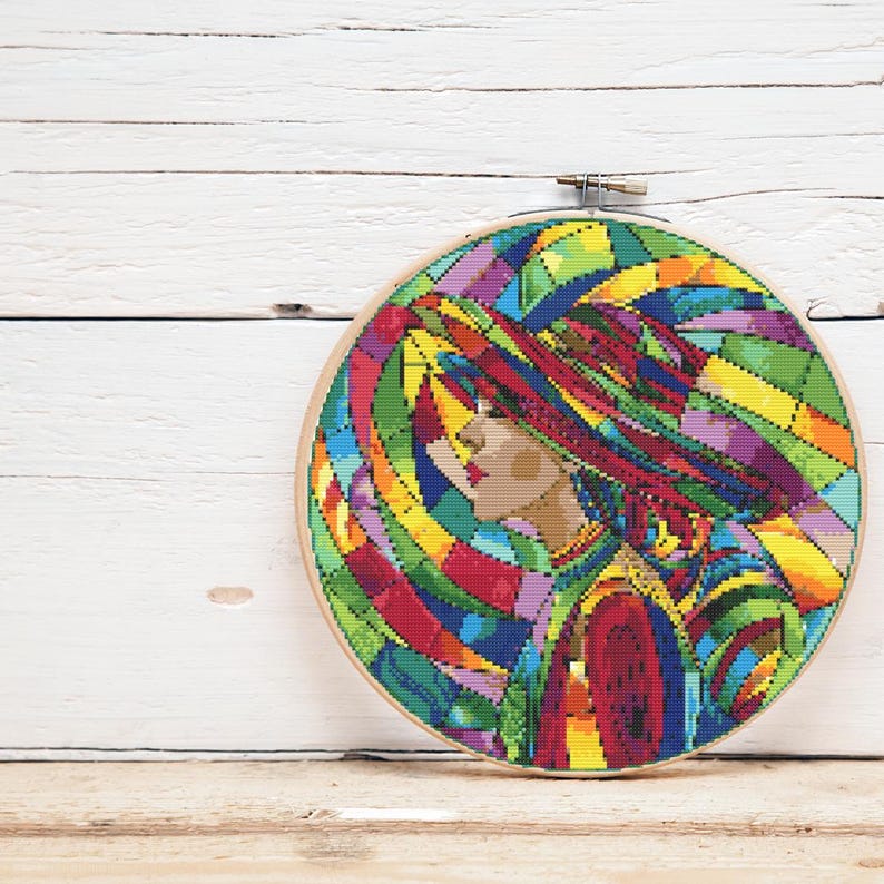 Stained Glass Lady With Hat Cross-stitch Pattern | Elegant Vintage ...
