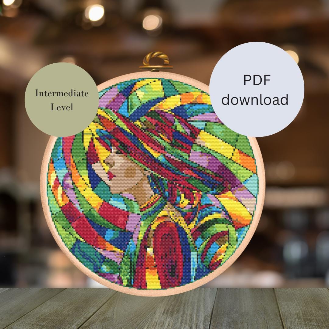 Stained Glass Lady With Hat Cross-stitch Pattern | Elegant Vintage ...
