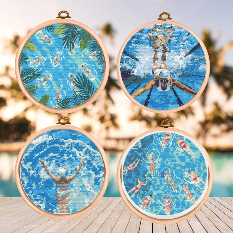 Summer Pool & Swimmer Cross-stitch Patterns - 7 Piece Water Embroidery ...