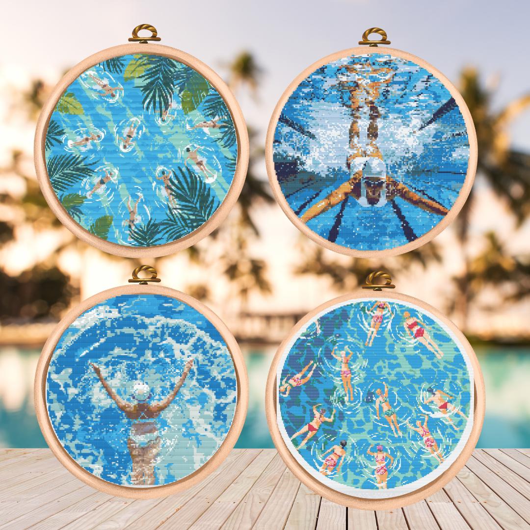 Summer Pool & Swimmer Cross-stitch Patterns - 7 Piece Water Embroidery ...