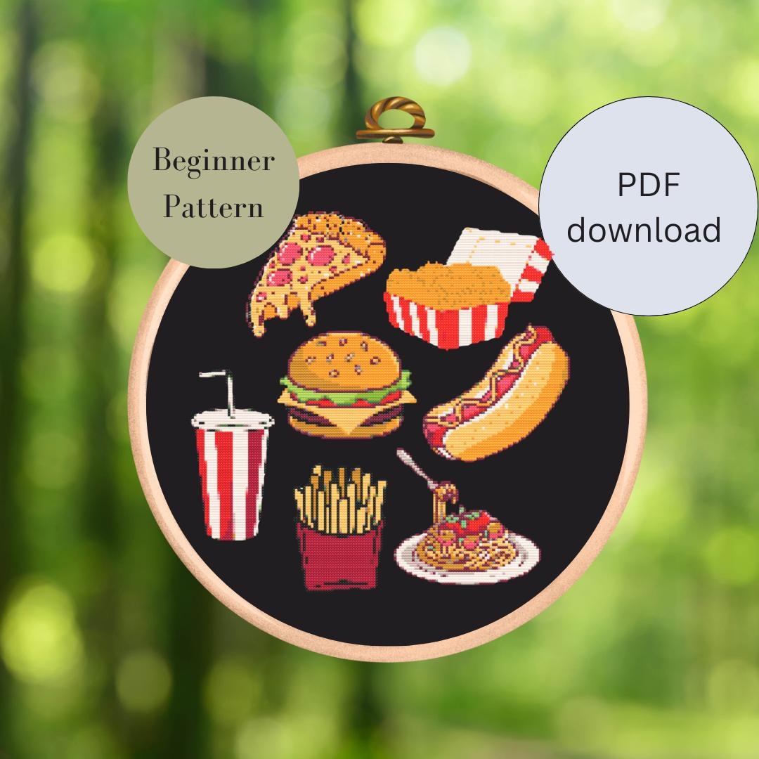 Fast Food Feast Cross Stitch Pattern, Burger Fries Pizza Pasta, Counted ...