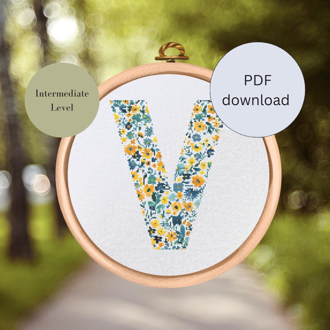 Flower Letter V Cross Stitch Pattern, Monogram A Cross Stitch, Initial ...